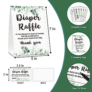 Diaper Raffle Baby Shower Game Set(1 Standing Sign + 50 Guessing Cards), Greenery Diaper Raffle Tickets for Baby Shower, Gold Foil Baby Shower Party Favor Decor - A11