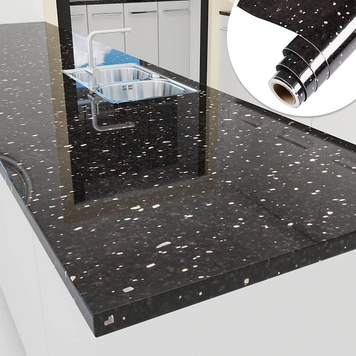 YENHOME Contact Paper Countertops Vinyl Peel and Stick Waterproof Contact Paper for Kitchen Bathroom Countertops 17.7"X200" Galaxy Black Granite Contact Paper Peel and Stick Adhesive Countertop Cover