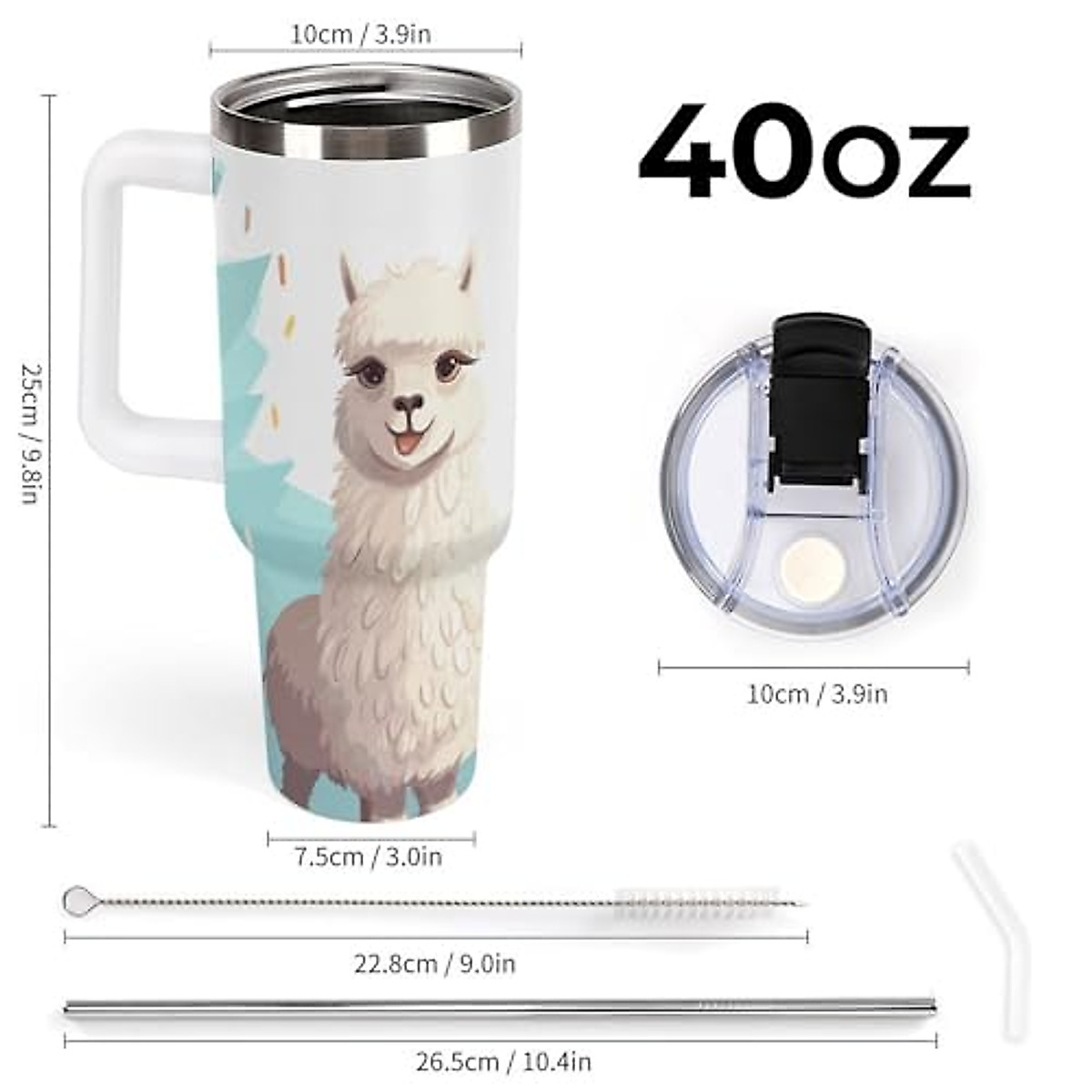 LLUTSNTH 40 Oz Vacuum Tumbler with White Handle Leakproof Insulated Tumbler Llama Alpaca Stainless Steel Travel Mug with Lid And Straw Coffee Cup Cute Water Bottles Cup Holder Friendly