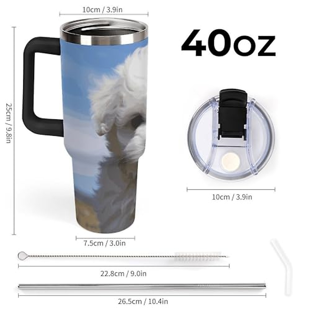 LLUTSNTH 40 Oz Vacuum Tumbler with Black Handle Leakproof Insulated Tumbler Bichon Frise Dog Stainless Steel Travel Mug with Lid And Straw Coffee Cup Cute Water Bottles Cup Holder Friendly