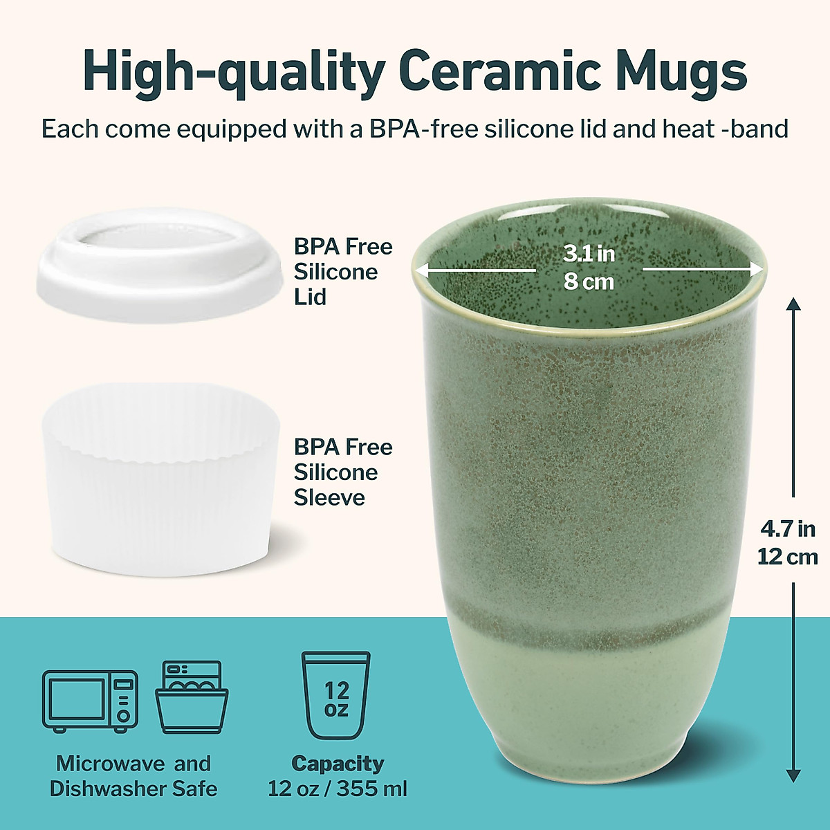 NOVA CERAMICS Travel Mug – Travel Coffee Tumbler – On the Go Coffee Mug – Microwave & Dishwasher Safe Green Coffee Tumbler - Gifts for Women Men Him Her – 12oz – Emerald