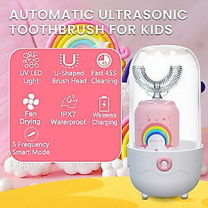 luckin smile Electric Toothbrush Kids, U Shaped Kids Electric Toothbrushes, Whole Mouth Toddler Toothbrush with 5 Ultrasonic Cleaning Modes, IPX7 Waterproof, 2-6 Year, Pink