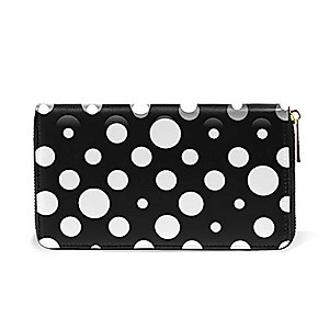 Art Vintage Black White Polka Dot Leather Womens Zipper Wallets Clutch Coin Case