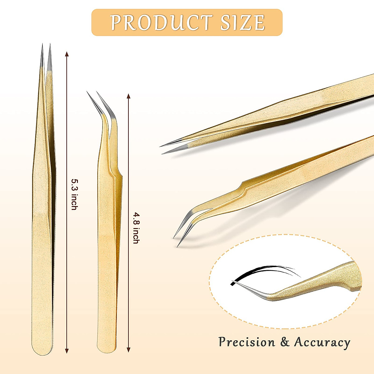 6 Pieces Eyelash Extension Tweezers, Straight and Curved Tip Stainless Steel Tweezers Nippers Volume Lash Tweezers for Eyelash Extensions False Lash Application Tools (Gold)