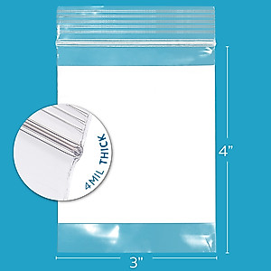 GPI - 3" x 4" - Bulk Pack of 100, 4 Mil Thick, Heavy Duty, Clear Plastic Reclosable Zip Bags, with Write-on White Block for Labeling, Strong & Durable Poly Baggies with Resealable Zipper Top Lock.