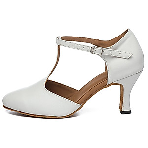 Honeystore Women's T-strap Ballroom Solid Dance Shoes Latin White 9.5 B(M) US
