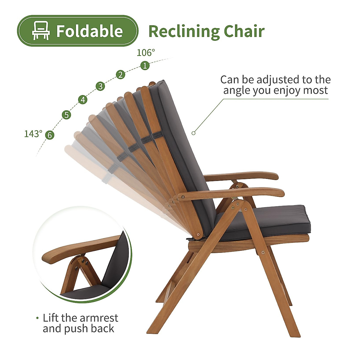 OC Orange-Casual Folding Patio Dining Chair Set of 2, Outdoor Acacia Wooden Reclining Chair w/Armrest & Removeable Cushion, FSC Certified Wood, for Porch, Backyard, Garden, Indoor, Dark Grey