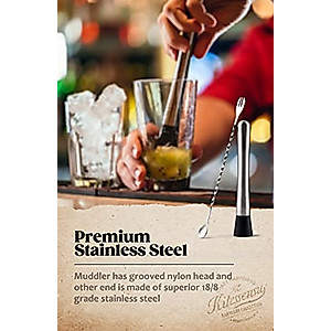 KITESSENSU Muddler and bar Spoon, 8 Inch Stainless Steel Muddler for Cocktails, Excellent Choice for Mojitos, Caipirinhas, Fruits, Herbs, Spices Based Drinks