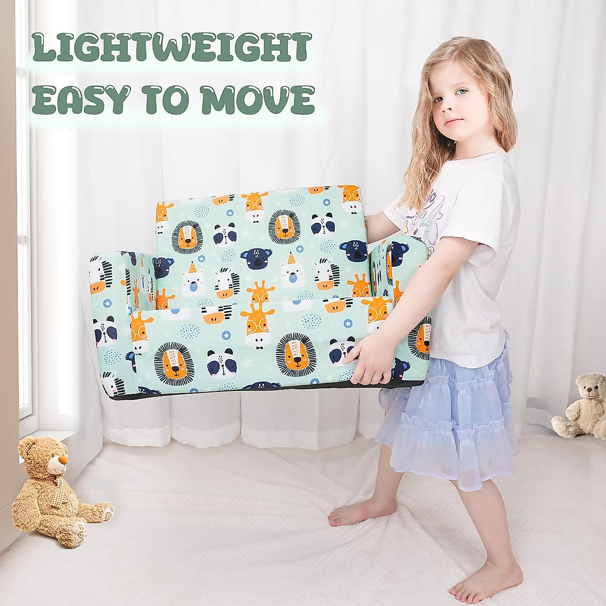 Pipoobear Kids Sofa, Comfy 2-in-1 Toddler Couch Fold Out, Convertible Sofa to Toddler Lounge Chair for Boys and Girls (Animal, Green)