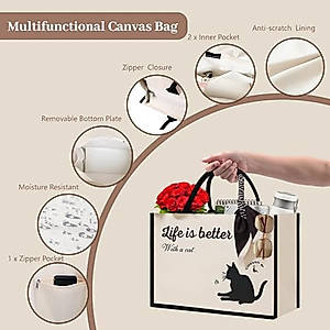 Adoryoung Cute Tote Bags, 16Oz, 3 Pockets, Cat Large Travel Monogram Tote Bags for Women, Anti-Scratch Lining Large Personalized Tote Purse Bag with Zipper, The Canvas School Gift Tote Bag for Women