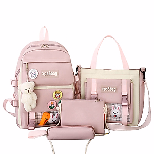 Aiyify 4Pcs Kawaii Backpack Cute Backpack for School Aesthetic Backpack Kawaii School Supplies Backpack Set with Accessories (Pink-A)…