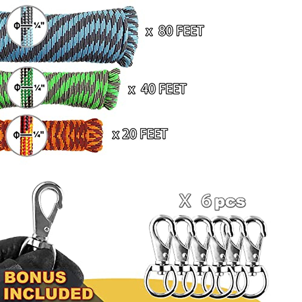 Wellmax Diamond Braided Nylon Rope with Uv Treatment and Weather Resistant, 3 Pack 1/4" x 20/40/80ft Multi-Color and 6 Bonus Quick Links