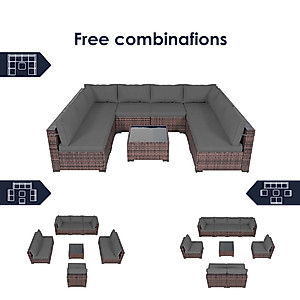 Amopatio 9 Pieces Patio Furniture Set All Weather Outdoor Sectional Sofa, Outdoor Modern Sectional Furniture Wicker Couch with Glass Coffee Table, Thicken Grey Cushions, Waterproof Cover
