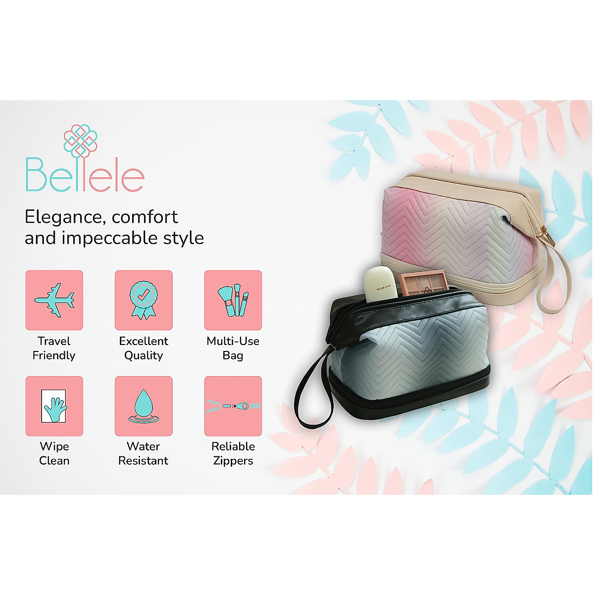 BELLELE Double Layer Cosmetic Bag, Large Makeup Bag, Bag for Women and Girls, Teen Makeup Bag, Gradient Makeup Bag, Cosmetic School Bag, Portable Leather Toiletry Bag-Purple