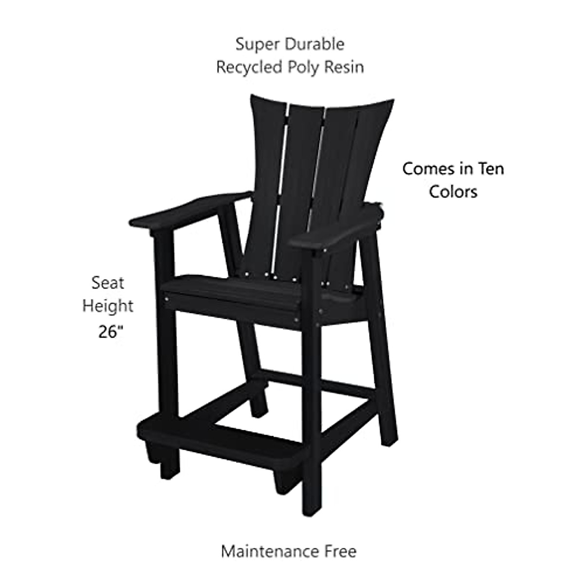 Phat Tommy Adirondack Double Set of 2 - Tall Bar Stool Chairs with Table - High Top, Counter Height Poly Furniture - Modern, Weather Resistant Balcony Chair for Pool, Patio, and Deck, Black