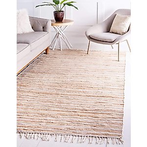 Unique Loom Chindi Cotton Collection Soft Hand Woven Natural Fiber Striped Area Rug, 4 ft x 6 ft, Beige/Ivory