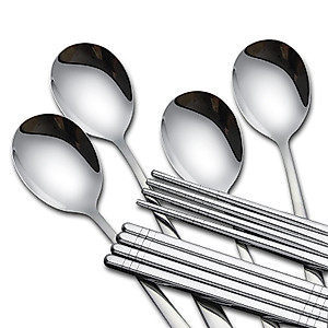 Tiokin Spoon and Chopsticks Set, 4 Pair Stainless Steel Metal Chopsticks Spoon Set,4 Set Korean Chopsticks and Spoons, Reusable Flat Long handle Chopstick Spoon Set for Home, Kitchen or Restaurant