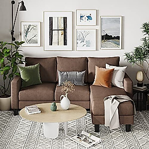 YESHOMY Convertible Sectional 3 L-Shaped Couch Soft Seat with Modern Linen Fabric, Small Space Sofas for Living Room, Apartment and Office, 70'', Brown