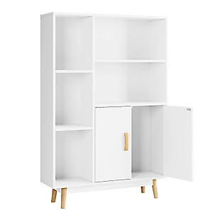 FOTOSOK Floor Storage Cabinet with 2 Shelves and 3 Cubes, Bookcase with Doors, Bookshelf Cabinet with Legs for Kitchen, Living Room and Home Office, White