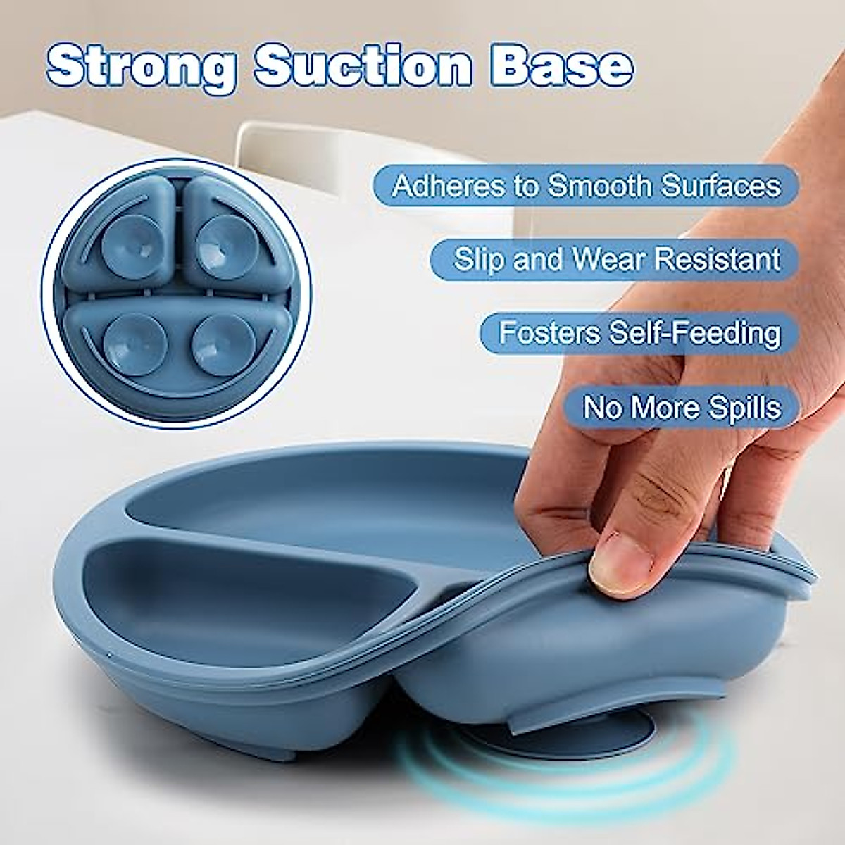 E-PRONSE Suction Plates for Baby Toddler Plates, 100% Food-Grade Silicone Divided Baby Plates, Baby Sunction Plate with Lid BPA Free,Microwave & Dishwasher Safe Blue +Tan