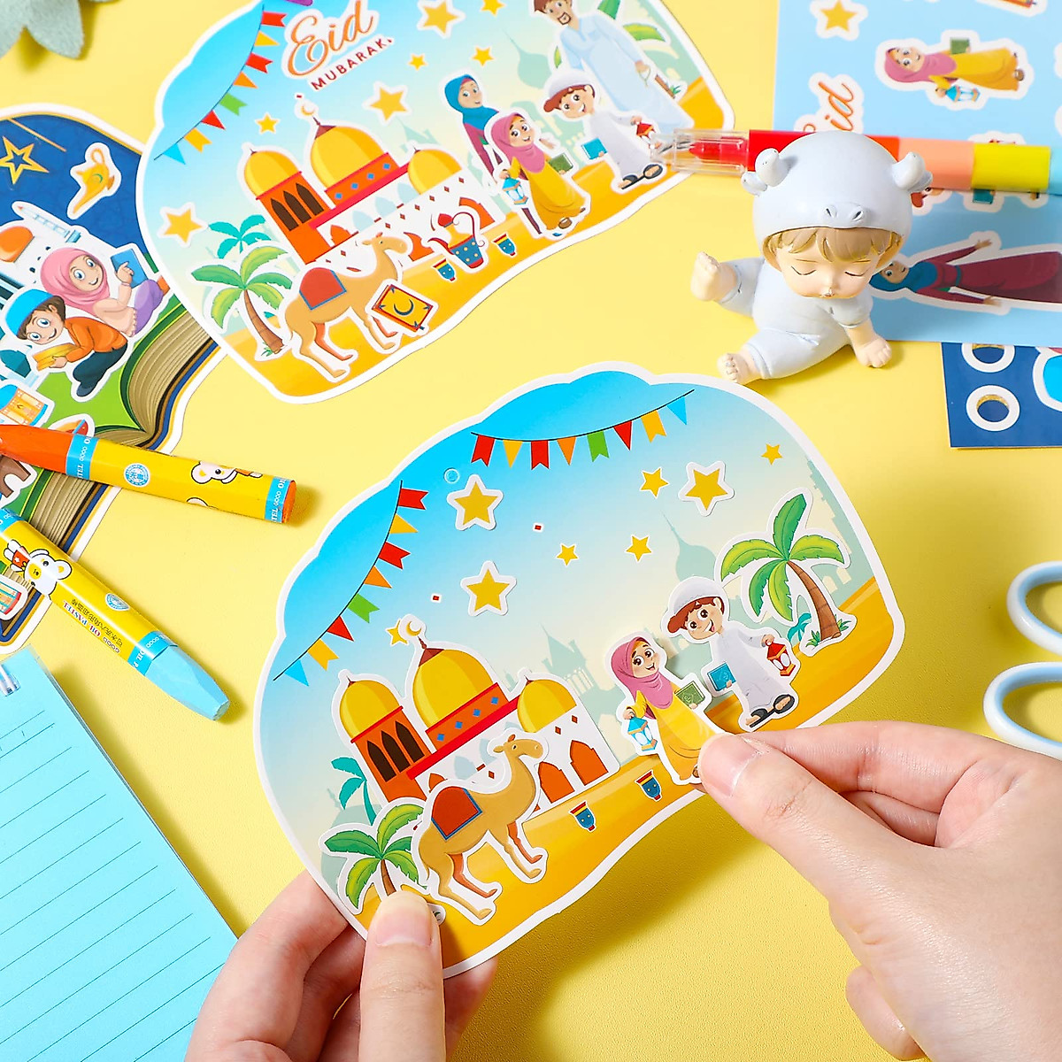 Eid Mubarak Craft Kits Kids Mosque Scene Stickers Muslim Eid Ramadan Sticker Bulk Gift Hanging Ornament Decoration for Eid Al Fitr Party Class Activities, 2 Styles (48 Pack)