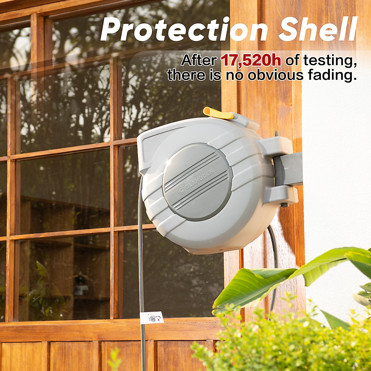 GLAHODEN Retractable Garden Hose Reel - 1/2 in x 115 ft Upgraded UV Resistant Automatic Wall Mounted Water Hose Reel 3/4 in Brass Fitting 9 Pattern Nozzle Any Length Lock Slow Retraction 180° Swivel