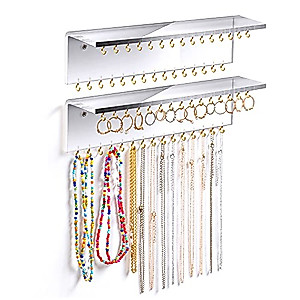 2 Pieces Acrylic Jewelry Organizer Wall Mounted with 60 Hooks, Hanging Jewelry Organizer Holder Display for Hanging Rings, Earrings, Necklace Holder (Clear)