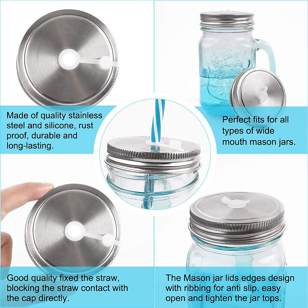 uxcell 2pcs Stainless Steel Wide Mouth Mason Jars Lids with Straw Hole Canning Lids for Drinking & Food Storage