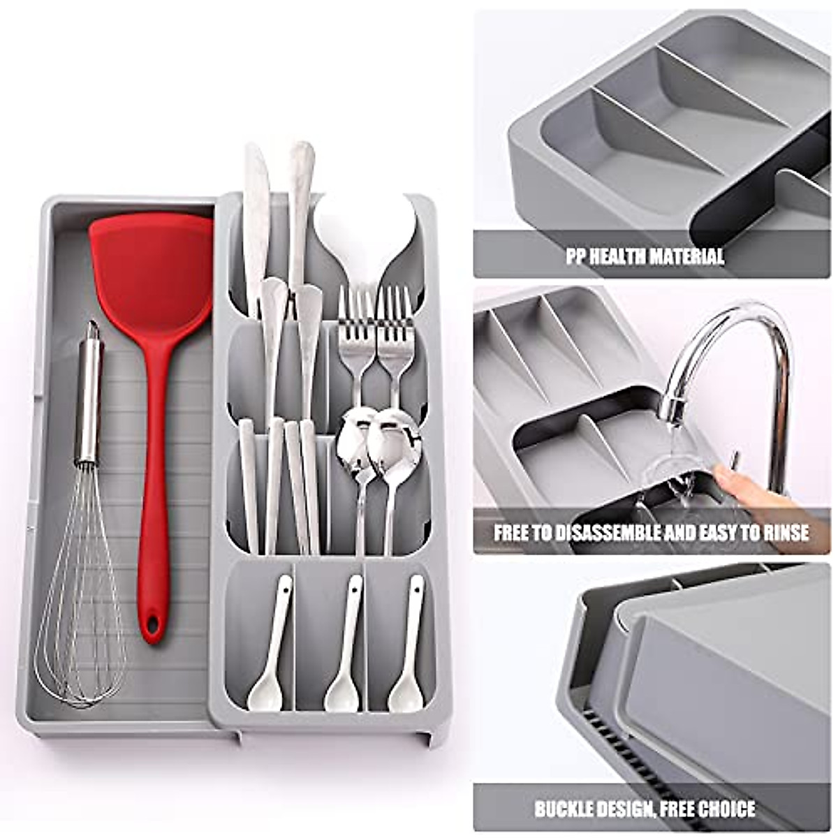 ORIJOYNA Kitchen Flatware Organizers - Drawer Organizer Tray Box Cutlery Expandable Organizer - for Kitchen Drawer Holding Flatware Spoons, Forks, Spatula (Grey)