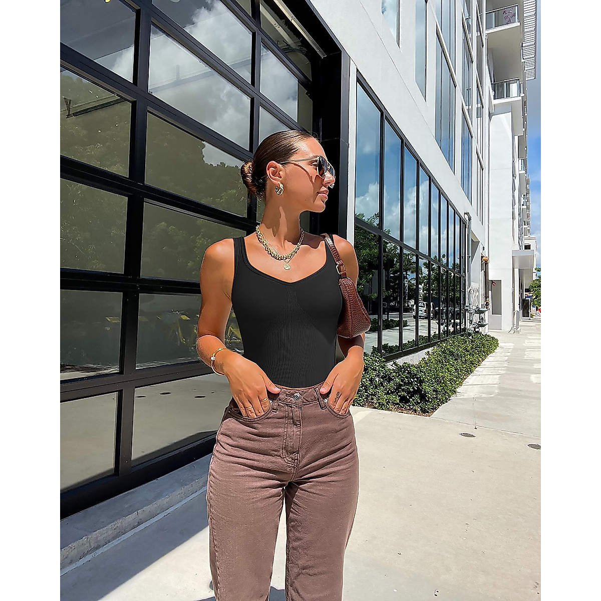 OQQ Women's 3 Piece Bodysuits Sexy Ribbed Sleeveless Shapewear Tank Tops 2025 Summer Leotard Black Coffee Beige