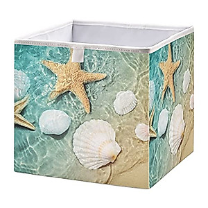Kigai Storage Basket Starfish Shell Summer Beach Foldable Storage Bin 11 X 11 X 11 Inches Cube Storage Baskets Box for Shelves Closet Laundry Nursery Bedroom Home Decor