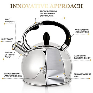 SUSTEAS Stove Top Whistling Tea Kettle-Surgical Stainless Steel Teakettle Teapot with Cool Touch Ergonomic Handle,1 Free Silicone Pinch Mitt Included,2.64 Quart(SILVER)