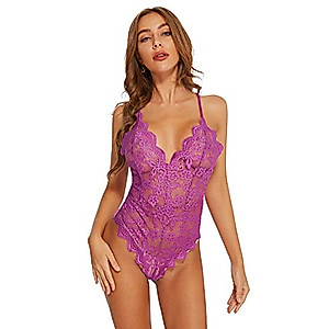 ADSEXY Lace Bodysuit for Women Sexy Eyelash Lingerie Teddy Nightwear Deep V Babydoll One Piece Chemise Boudoir Outfits Purple