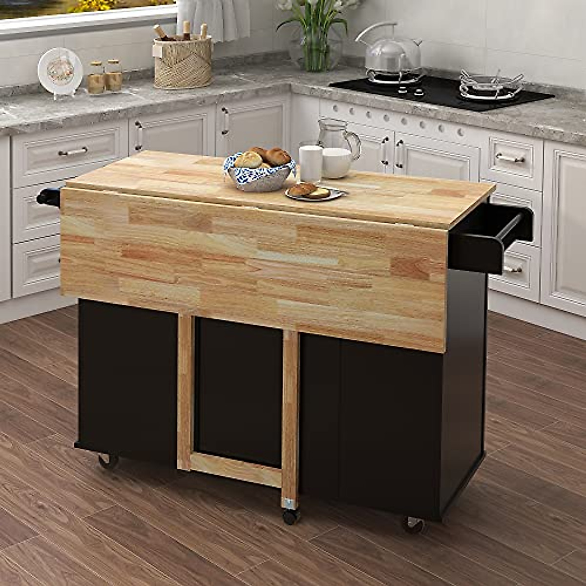 LostCat 43" Drop Leaf Kitchen Island Cart with 3 Drawers, Wood Table Top, Storage, Spice & Towel Rack for Dining Room, Living Room, Black
