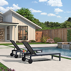 PURPLE LEAF Outdoor Chaise Lounge with Wheels for Outside 2 Pieces Aluminum Patio Lounge Chair with 5 Adjustable Position for Outdoor, Beach, Yard, Pool, Side Table Included, Grey