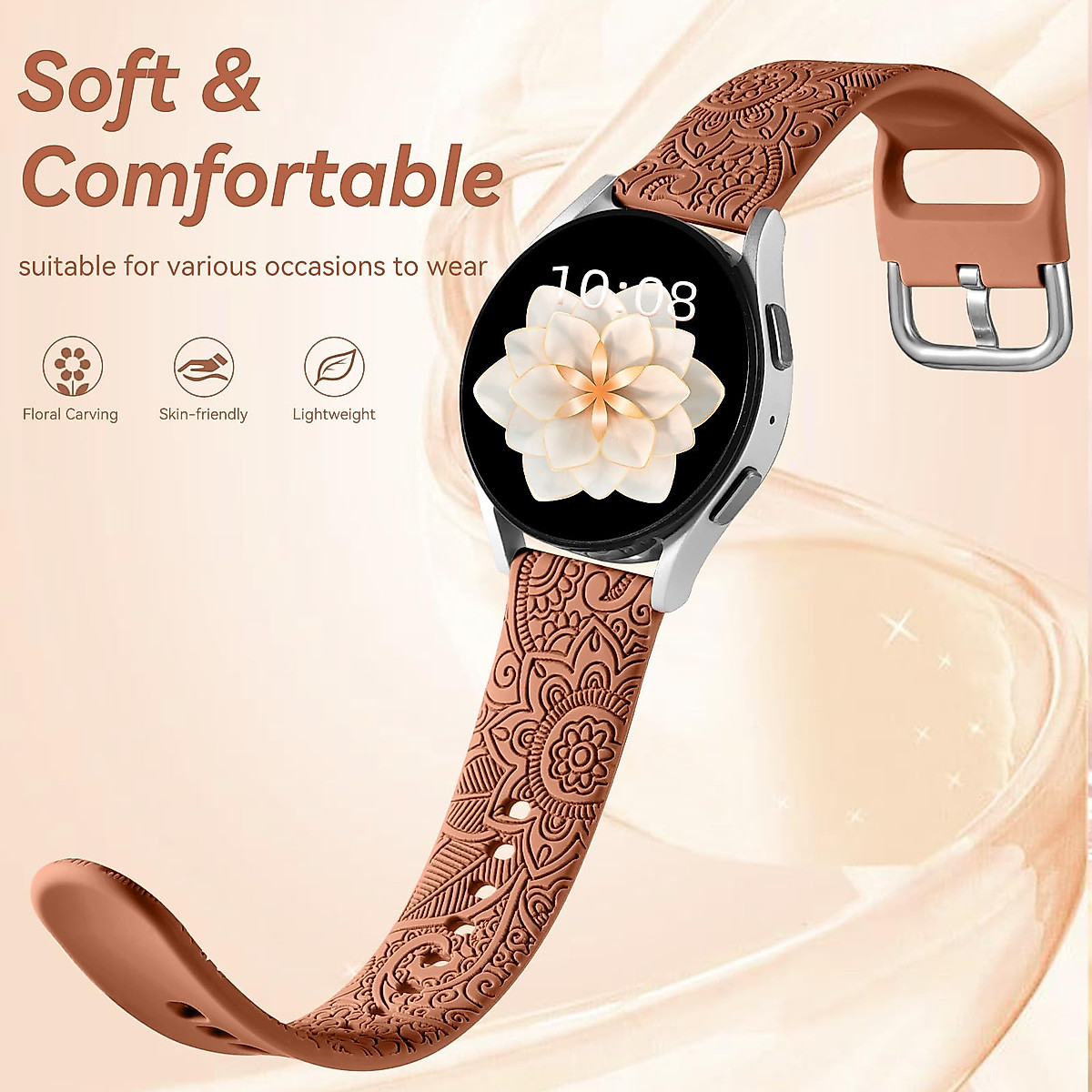 Odbeai Compatible with Samsung Watch Bands, Floral Engraved Bands Compatible with Galaxy Watch 6 Band, Soft Silicone Breathable Waterproof Cute Strap for Galaxy Watch 7/4/5/5 Pro/4 6 Classic/Active 2