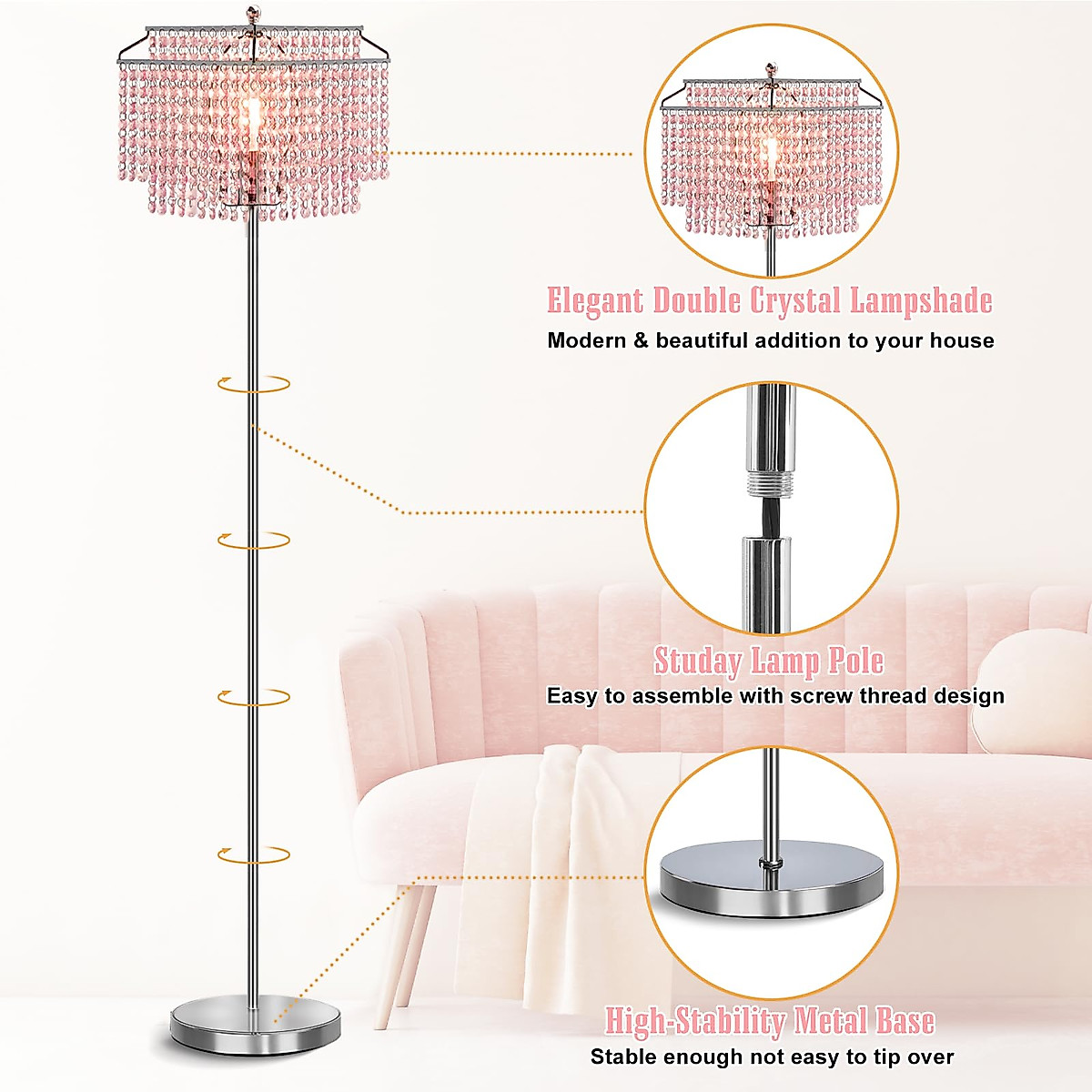 Luvkczc Crystal Floor Lamp, Modern Standing Lamps with Double-Layer Lampshade, Floor Lamps with On/Off Foot Switch, Tall Pole Lamp for Living Room, Girl Bedroom, Dresser, Office
