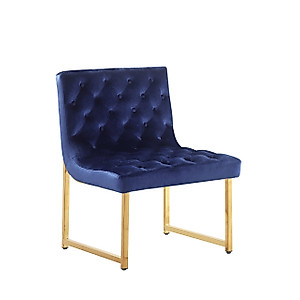 Iconic Home Moriah Accent Chair Sleek Elegant Tufted Velvet Upholstery Plush Cushion Brass Finished Polished Metal Frame, Contemporary Modern, Navy