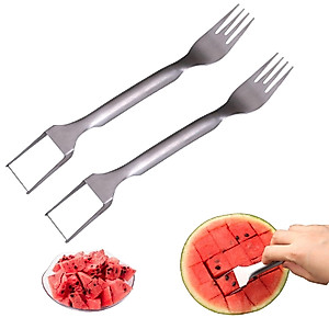 Generic 2PCS Watermelon Fruit Slicer Cutter Tool, Dual Head Stainless Steel Fruit Forks Slicer Knife for Family Parties Camping, 1