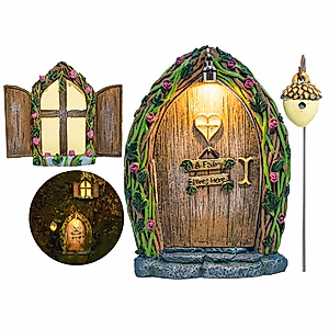 Opening Fairy Door and Window for Trees with Light – Glow in The Dark Yard Art Sculpture Decoration for Kids Room, Wall and Trees Outdoor | Miniature Fairy Garden Outdoor Decor Accessories
