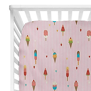 Ice Cream Fitted Crib Sheet,Pastel Pink Striped Backdrop with Hearts Different Toppings on Sticks and Cones Microfiber Silky Soft Toddler Mattress Sheet Fitted,28"x 52"x 8'',Baby Sheet for Boys Girls