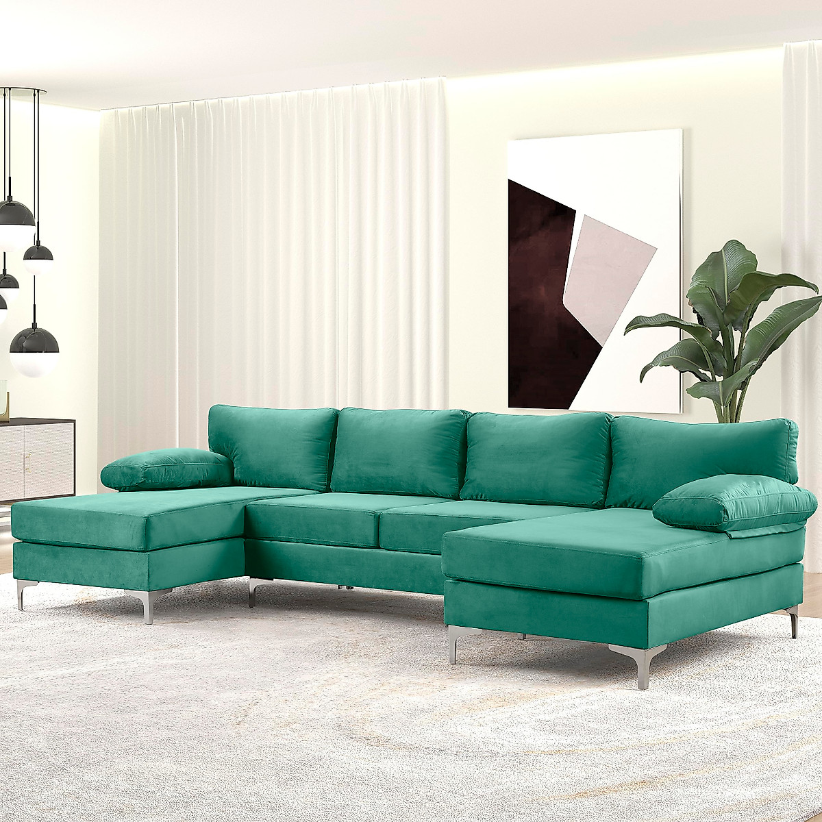 Casa AndreaMilano Modern Large Velvet Fabric U-Shape Sectional Sofa, Double Extra Wide Chaise Lounge Couch