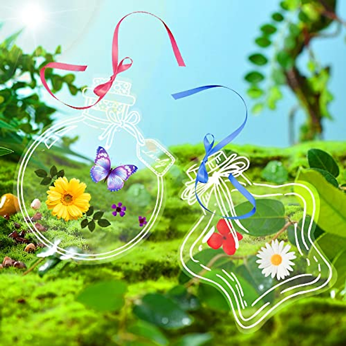 60 Pcs Transparent Dried Flower Bookmarks with Grosgrain Ribbon, DIY Clear Glassware Bottle Shape Stickers Beautiful Herbarium Floral Page Bookmark Craft