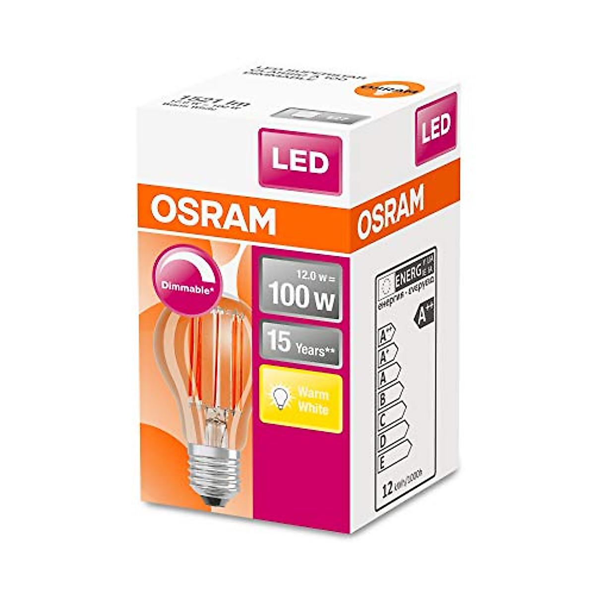 OSRAM LED lamp/Base: E27 / Warm White / 2700 K / 12 W/Replacement for 100 W Incandescent Bulb/LED Retrofit Classic A DIM [Energy Efficiency Class A++] / Pack of 10