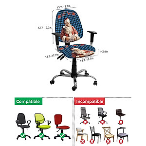 Christmas Santa Office Chair Cover Stretchable Computer Chair Seat Cover Backrest Slipcovers, Stretchable Rotating Desk Chair Seat Cushion Split Protectors Elk Buffalo Plaid Check Blue Snowflake