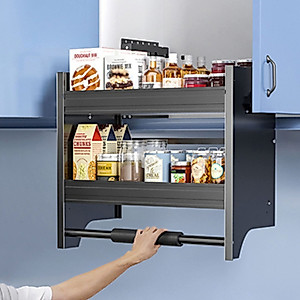 LOYALHEARTDY Pull Down Shelf, 22.2 Inch Drop Down Shelf High Cabinet Pull Down Shelf for Kitchen 2-Tier Adjustable Large Wall Pull Down Shelf, Black