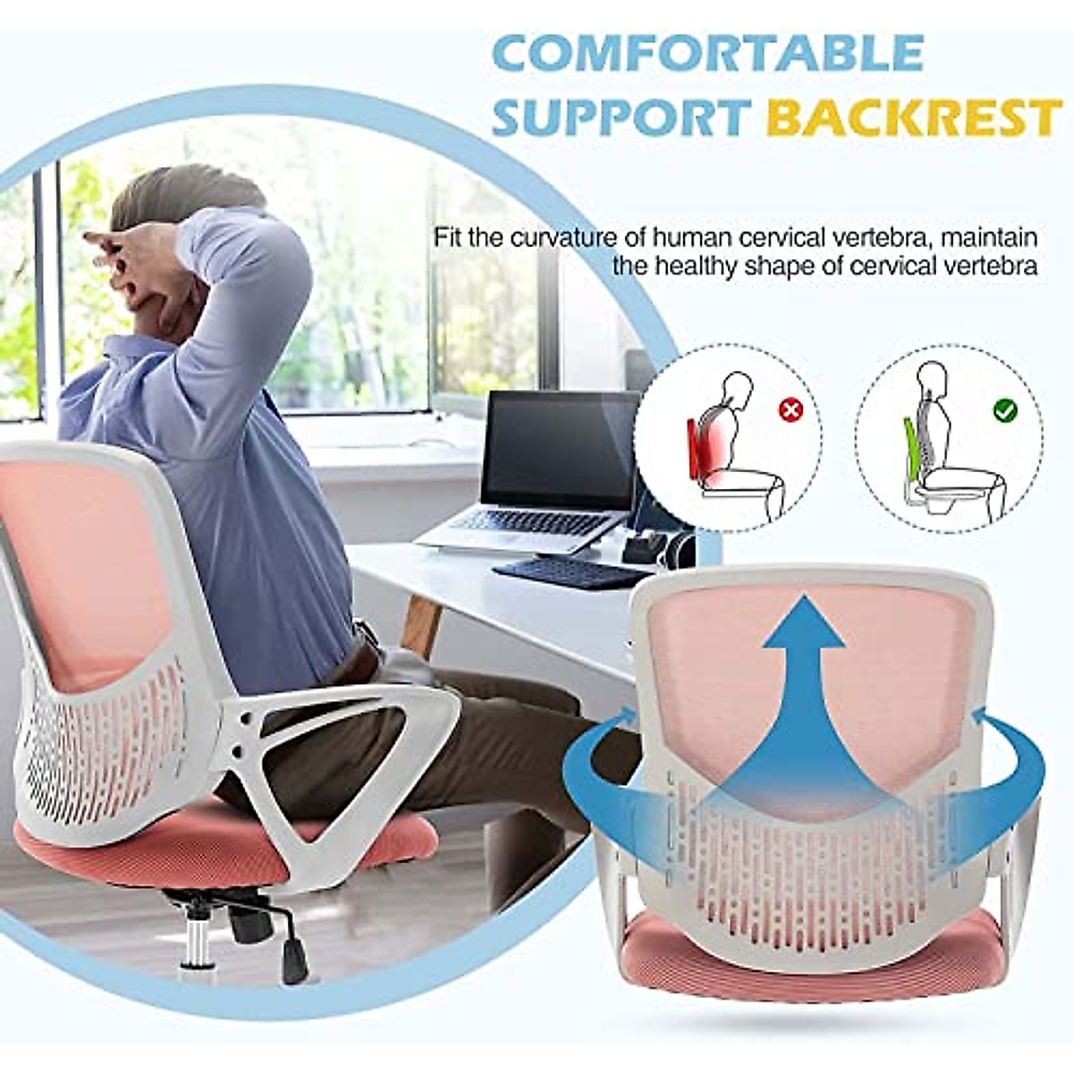 Ergonomic Office Chair - Home Desk Mesh Chair with Fixed Armrest, Executive Computer Chair with Soft Foam Seat Cushion and Lumbar Support, Pink