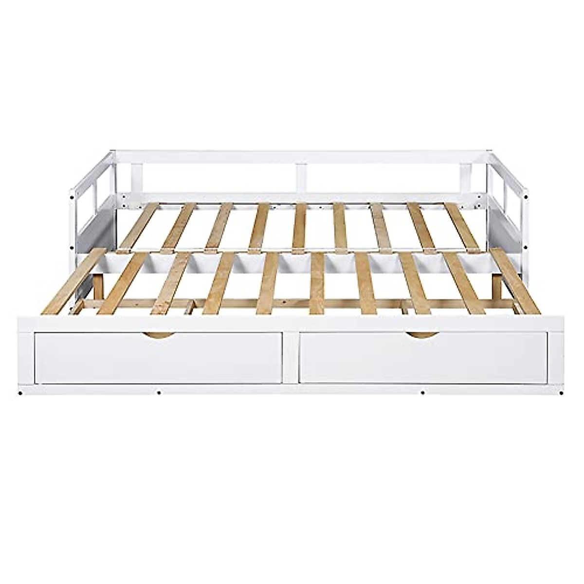 YSWH Pinewood Extending Daybed with Storage Drawers, Can Be Expanded from Twin Size to King Size, Sofa Bed Frame with Safety Guardrails, for Kids Teens (White)
