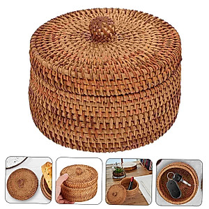 CAXUSD Box Rattan Storage Box Storage Box with Lid Makeup Organizer Case Round Storage Basket Lidded Basket for Storage Woven Storage Bowls Onion Basket Woven Storage Case Rattan Box Tray