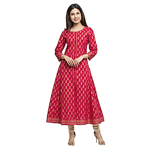 Yash Gallery Women's Cotton Gold Printed Anarkali Kurtis for Women (Red, L)